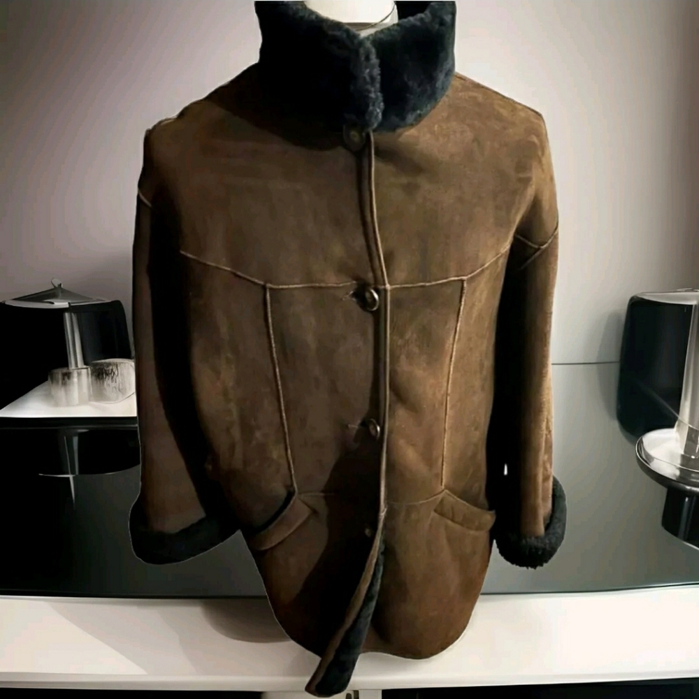 Womans Shearling Brown Leather Jacket Vintage Usa Siz… - Gem
